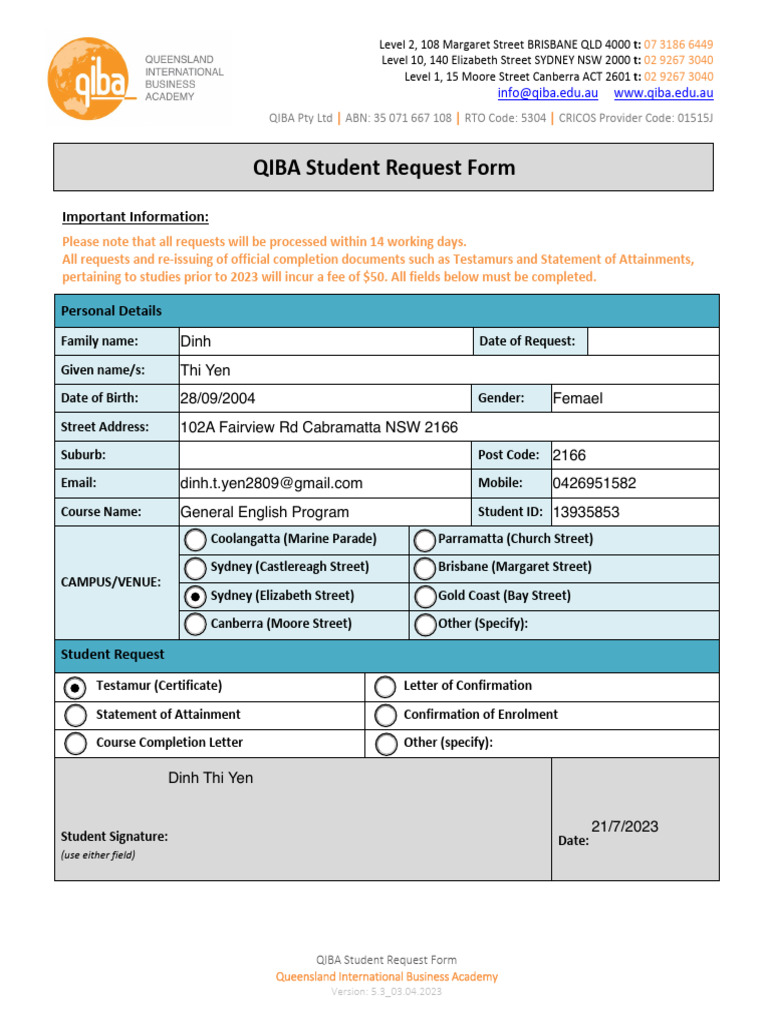 QIBA Student Request Form.v5.3 | PDF