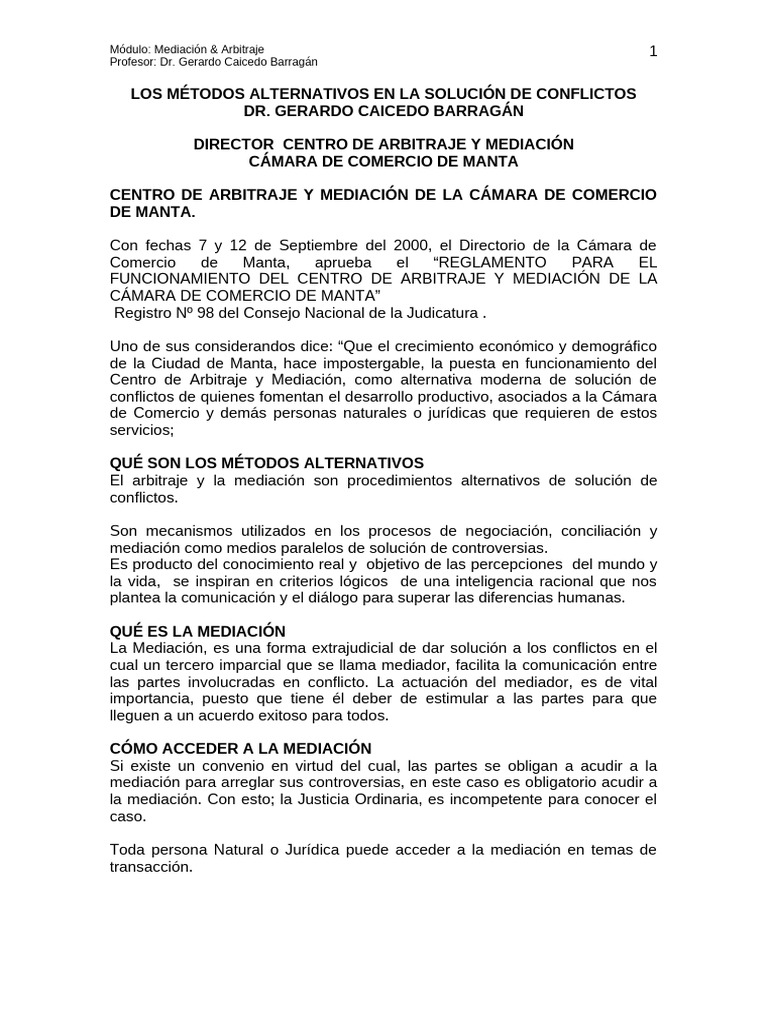 Los Métodos Alternativos en la solución de conflictos Resumén | PDF | Arbitraje | Mediación