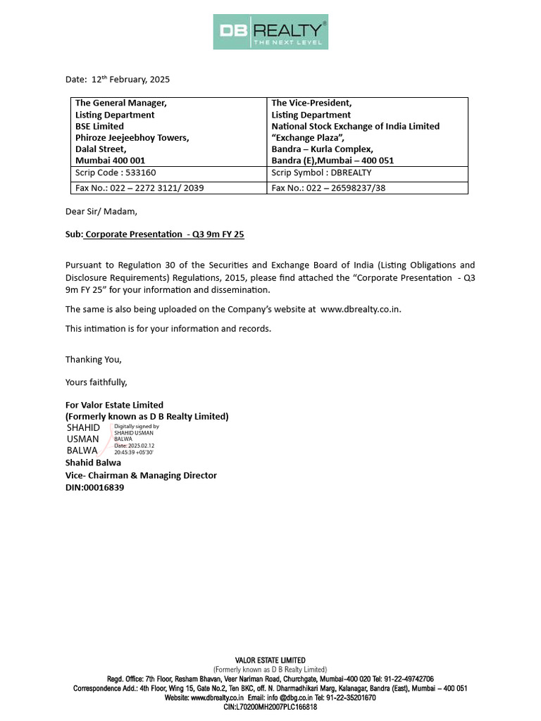 Valor Real Estate (DB Realty) Corporate Presentation12-02-2025 (Q3 FY25) | PDF | Mumbai ...