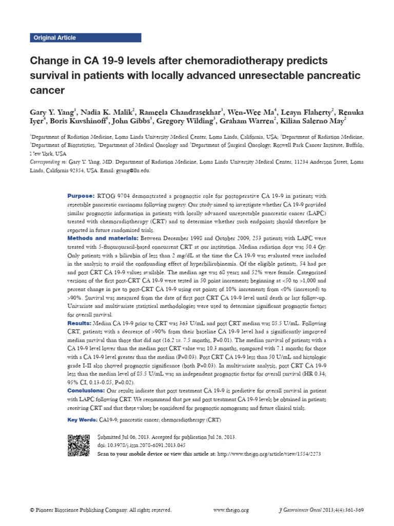 Change in CA 19-9 Levels After Chemoradiotherapy Predicts | PDF | Pancreatic Cancer | Medical ...