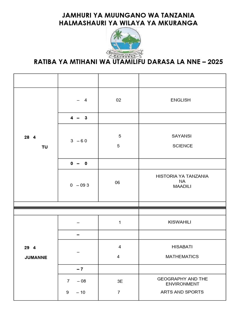 Mock STD4 Timetable 2025 | PDF