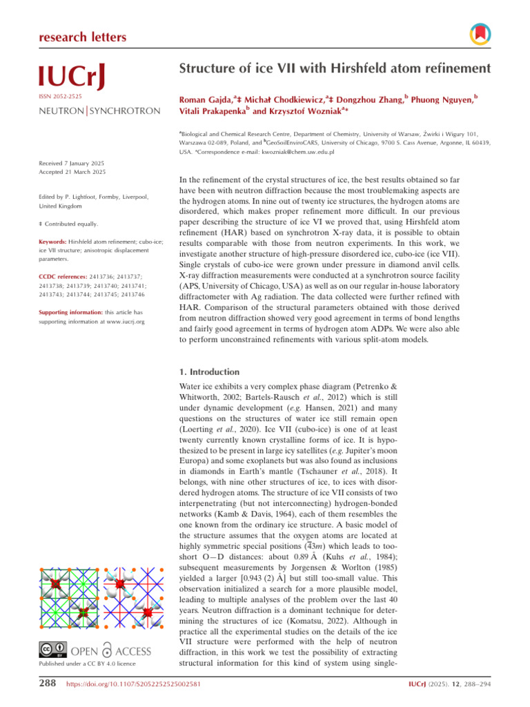 Structure of Ice VII With Hirshfeld Atom Refinemen | PDF | X Ray ...