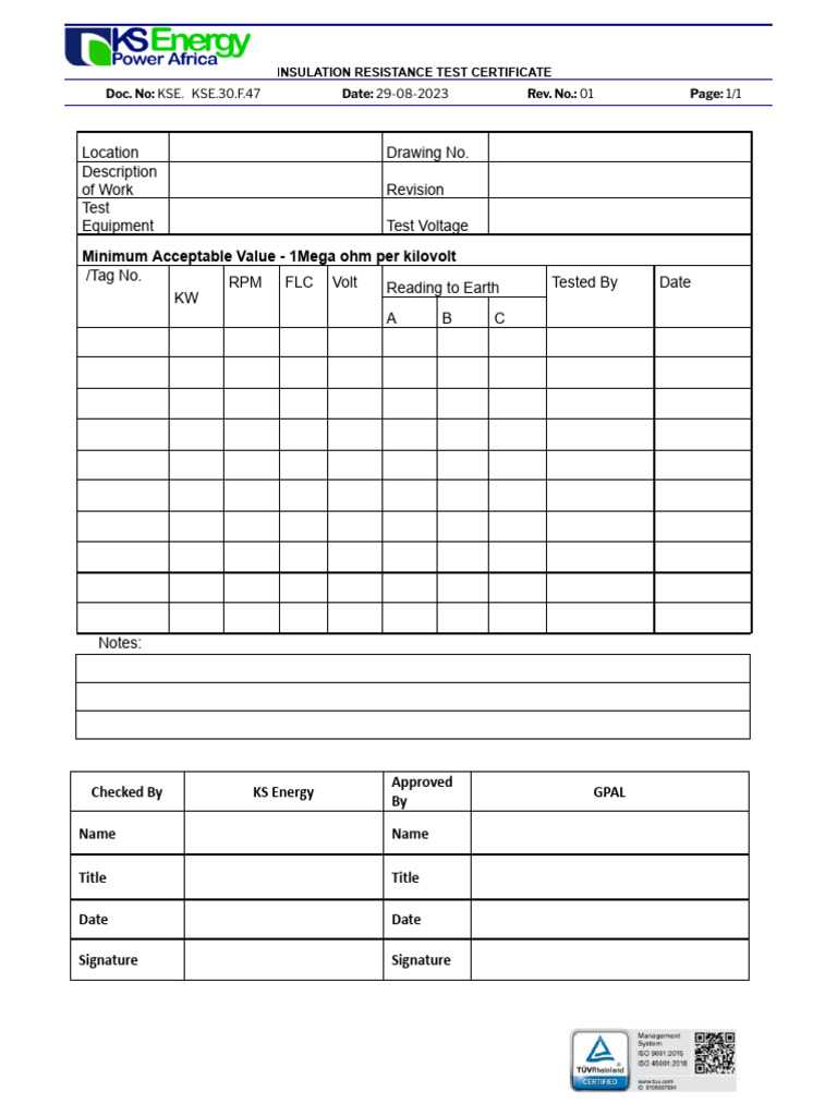 2022 Insulation Resistance Certificate | PDF