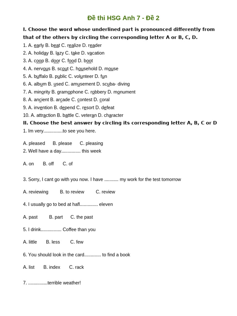 Đề thi HSG Anh 7 in | PDF