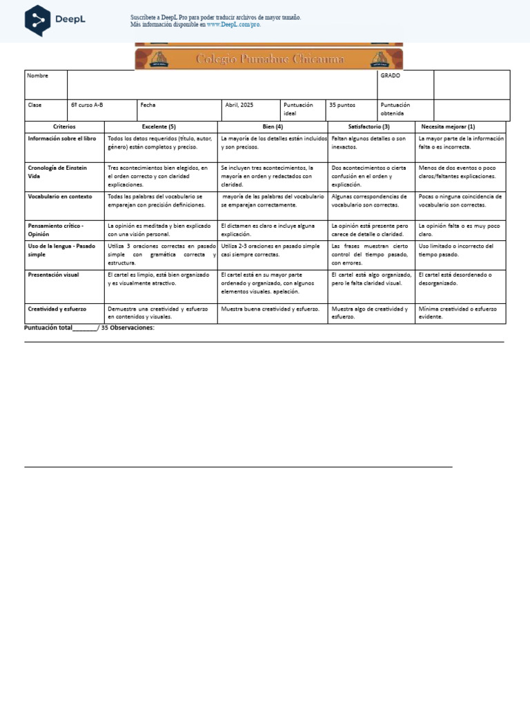 Rubric Book Report 6th Grade Es-Desbloqueado - PDFF | PDF | Creatividad ...