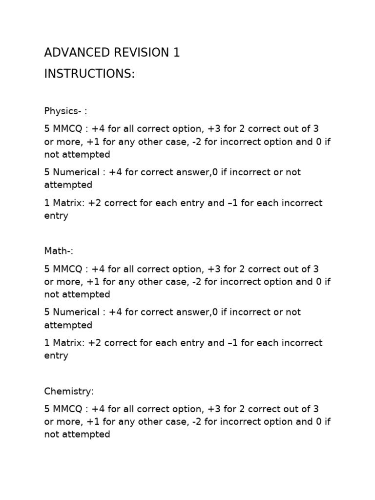ADVANCED REVISION 1 Paper Set by A Student of Fiitjee For Practice | PDF