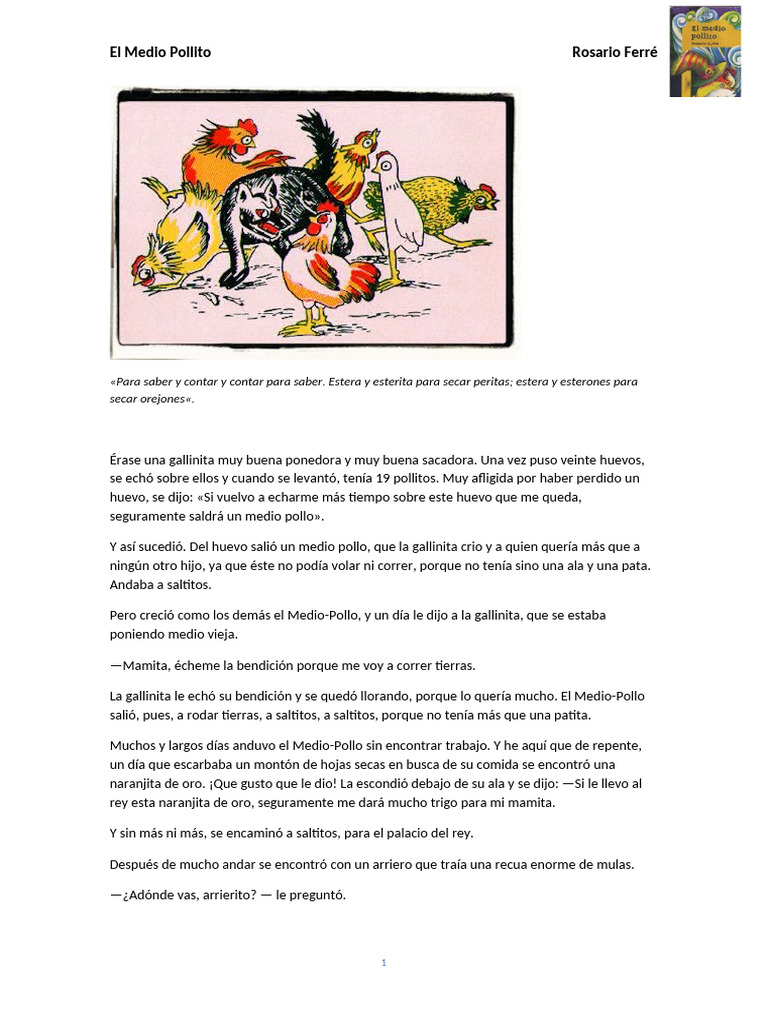 El Medio Pollito: Cuento de Rosario Ferré | PDF | Pollo | Zoología