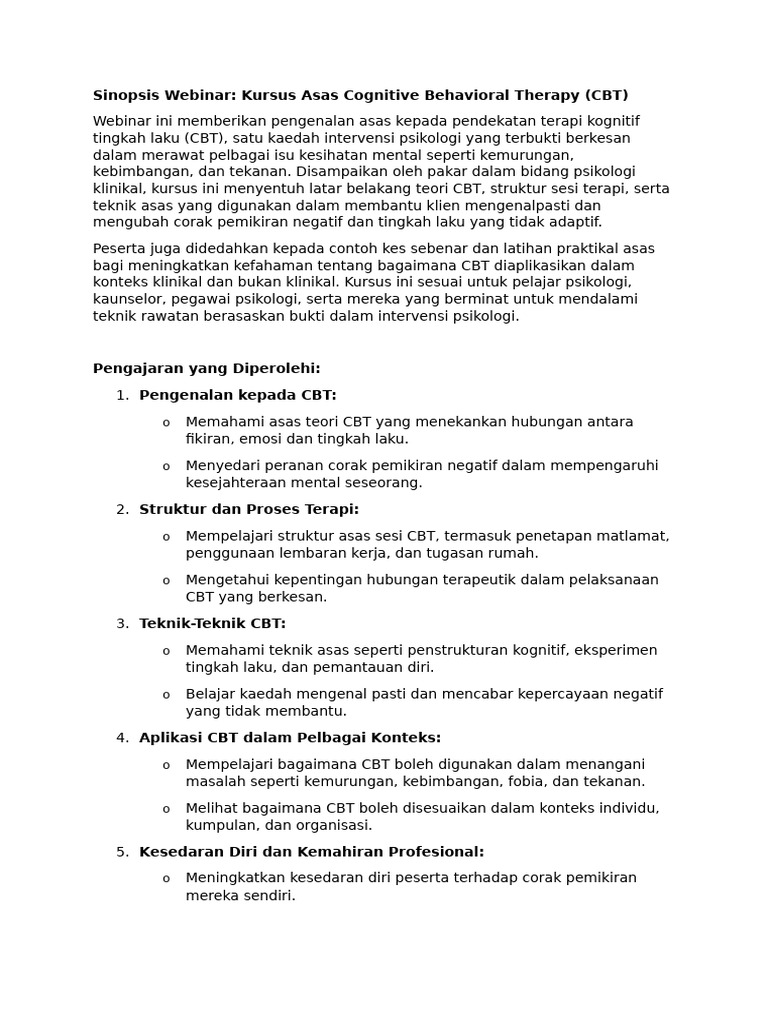 Sinopsis Webinar Kursus Asas Cognitive Behavioral Therapy (CBT) | PDF