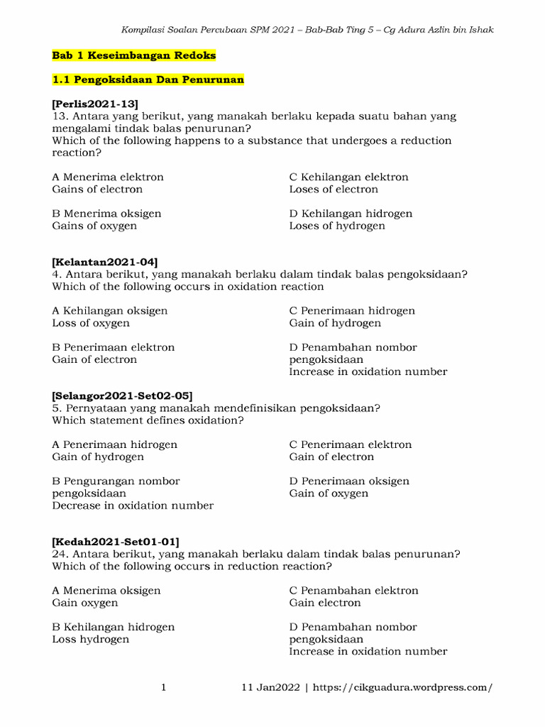 Paper 1 Chapter 1 Redox Reaction - State Papers Compiled | PDF