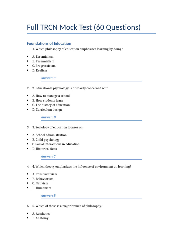 TRCN Mock Test: 60 Practice Questions | PDF | Teachers | Educational ...