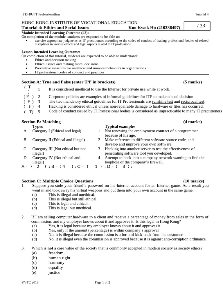 Ethics in IT Professionalism Tutorial | PDF
