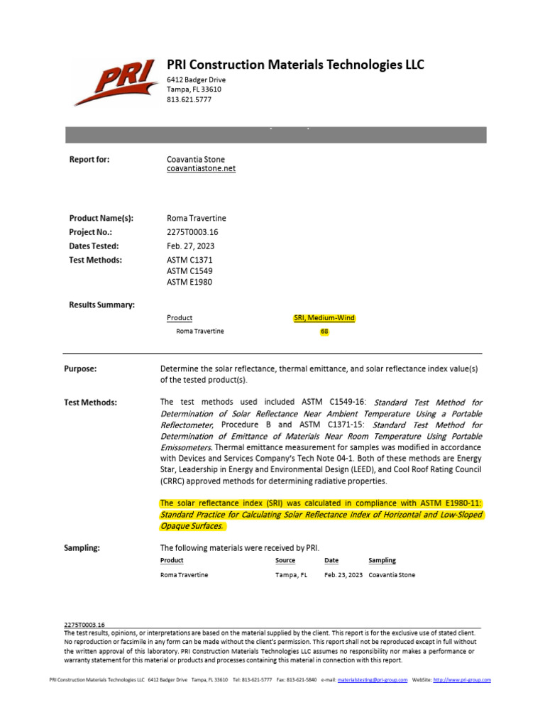 SRI Test Report for Roma Travertine | PDF | Applied And ...