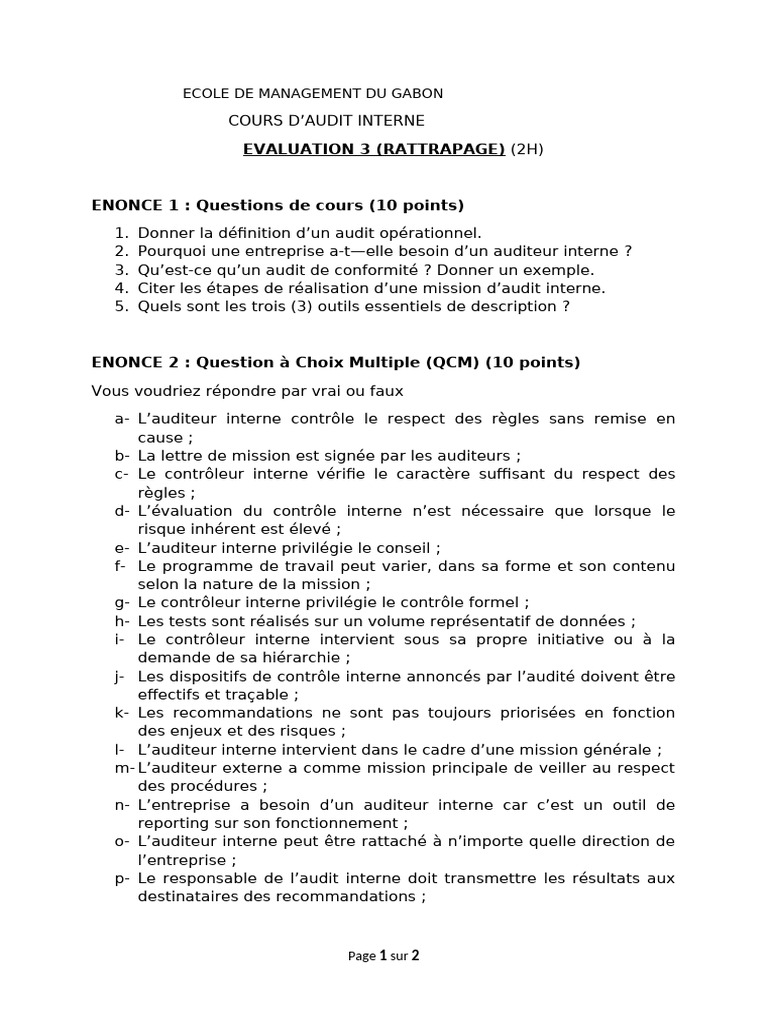 Évaluation d'Audit Interne - Questions et QCM | PDF | Audit | Contrôle ...