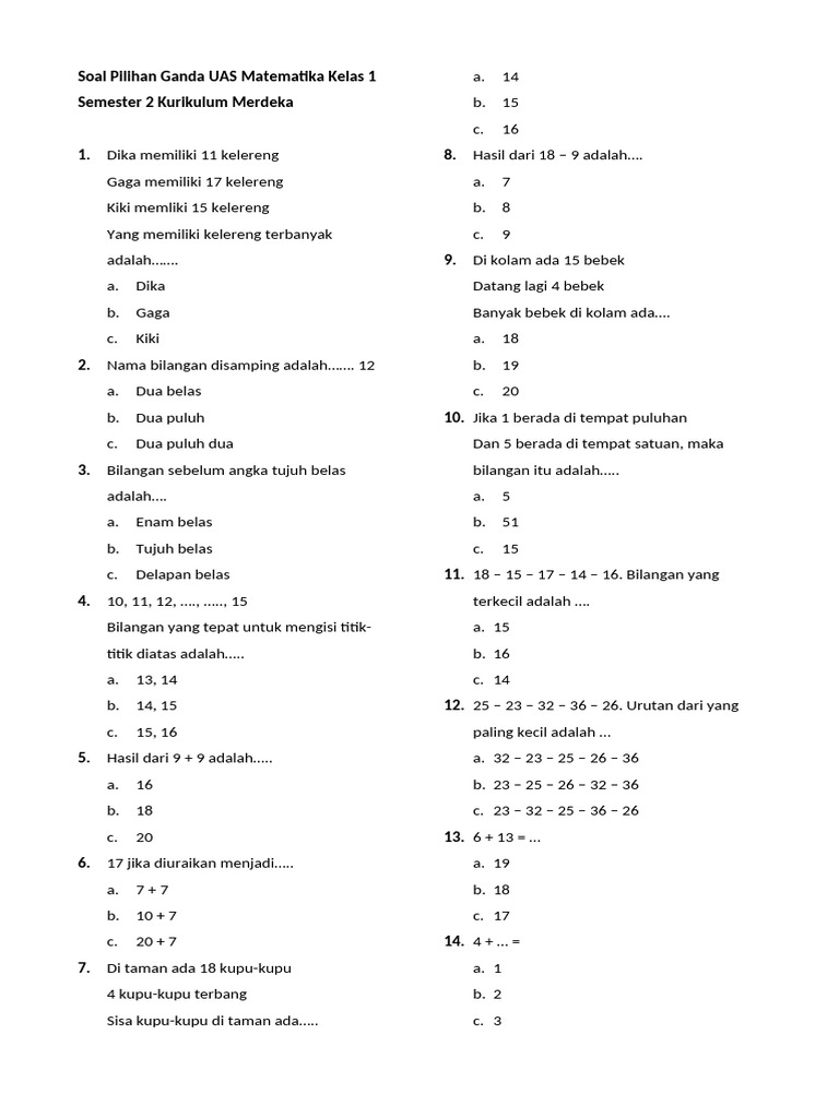 Daftar Soal UTS Matematika Kelas 1 SD Semester 2 Bagian 3 | PDF