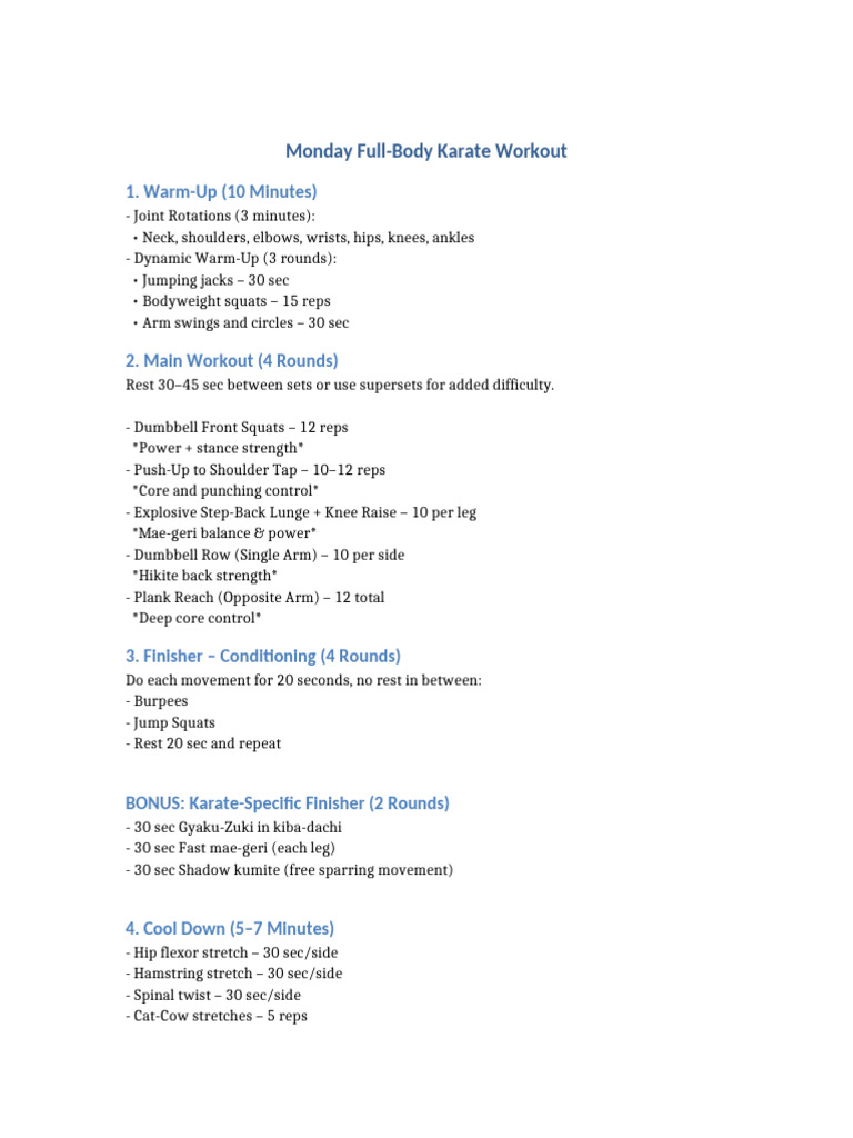Monday Full-Body Karate Workout Plan | PDF