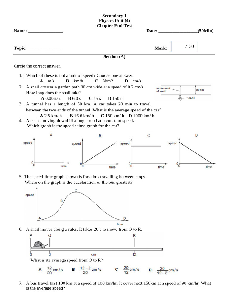 Chapter End Test (CH 4) | PDF | Speed | Acceleration