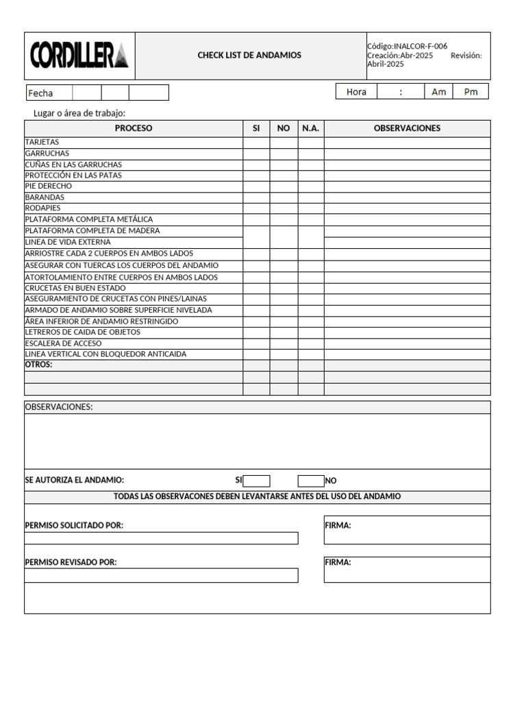 Checklist de Seguridad para Andamios | PDF