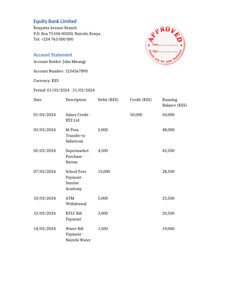 Account Statement John Mwangi With Stamp Table | PDF