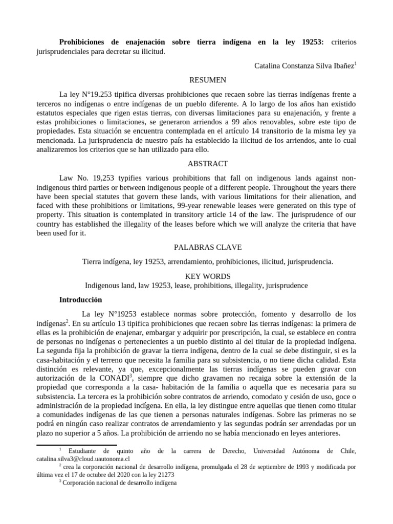 Prohibiciones de Enajenación Sobre Tierra Indígena en La Ley 19253 ...