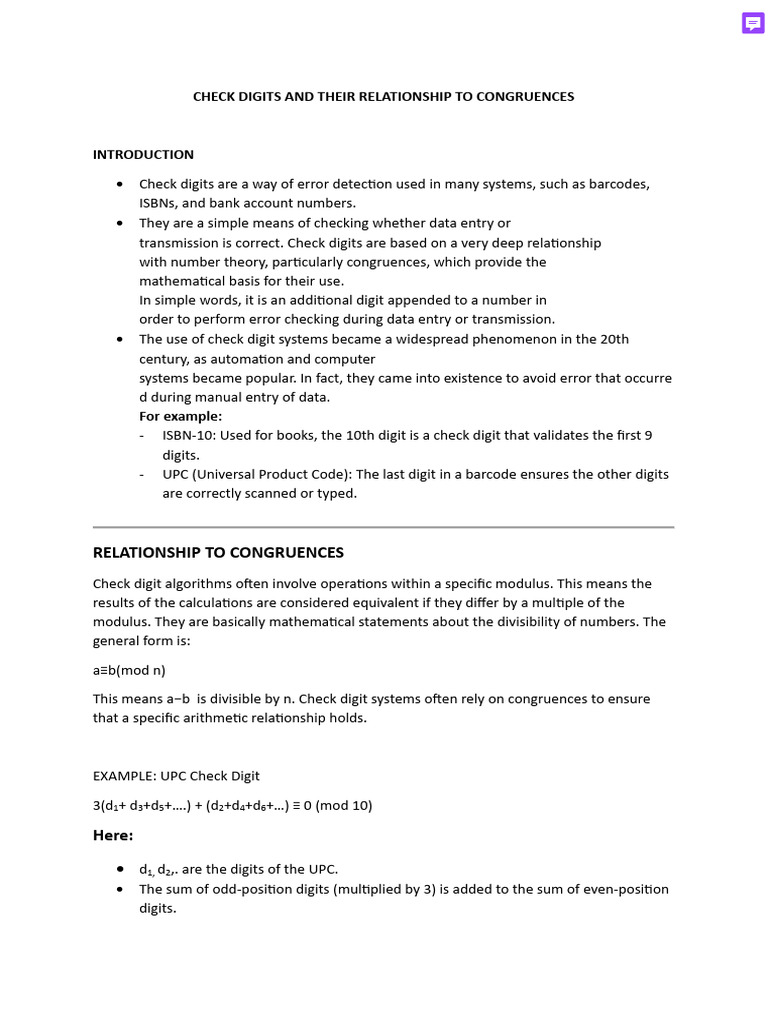 Check Digits and Their Relationship To Congruences (1) - 1 | PDF ...