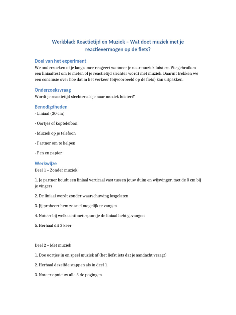 Werkblad Reactietijd Muziek | PDF