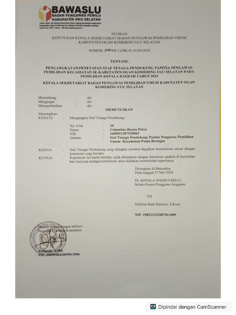 SK Staf Panwascam Colombus Buana Putra - 1 | PDF