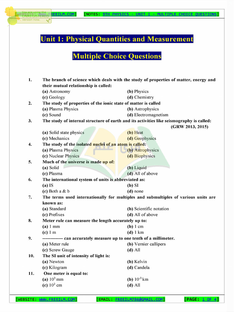 9th Phy CH 1 MCQs | PDF