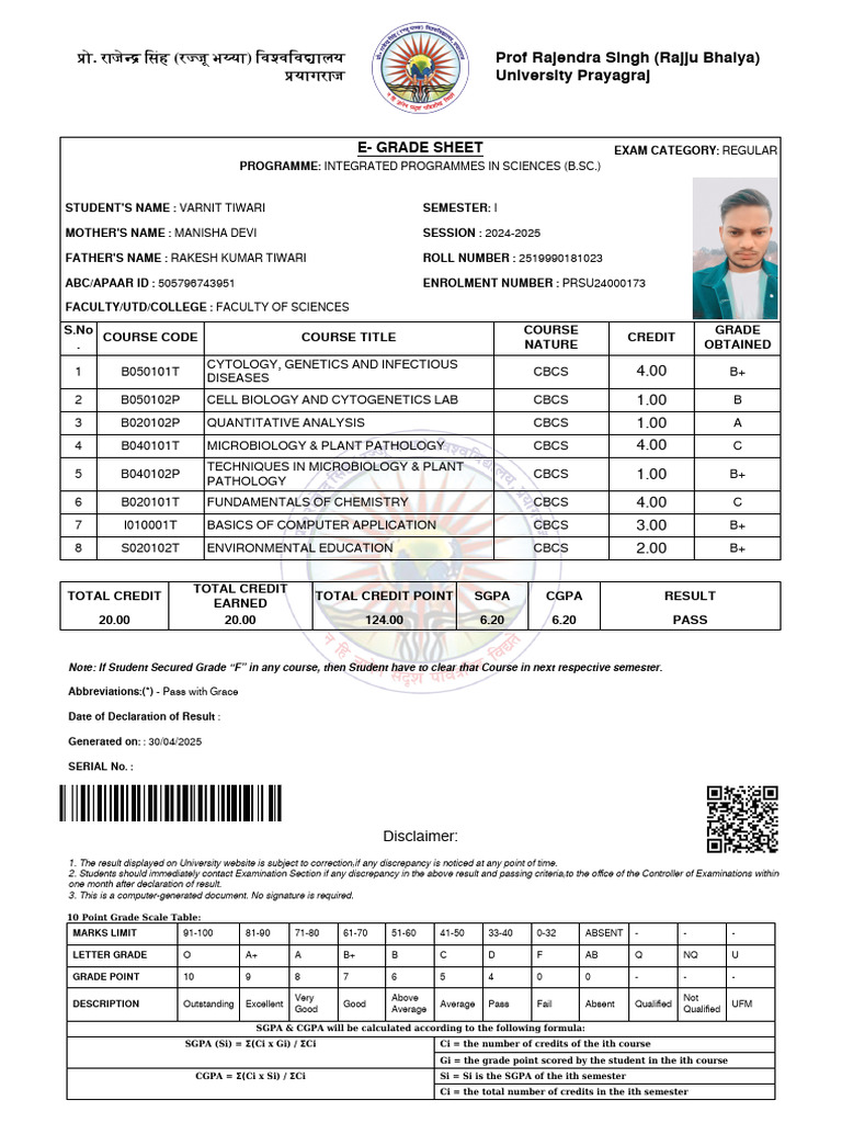 PRSU24000173 Integrated Programmes in Sciences B.sc. YearSession 2024 ...