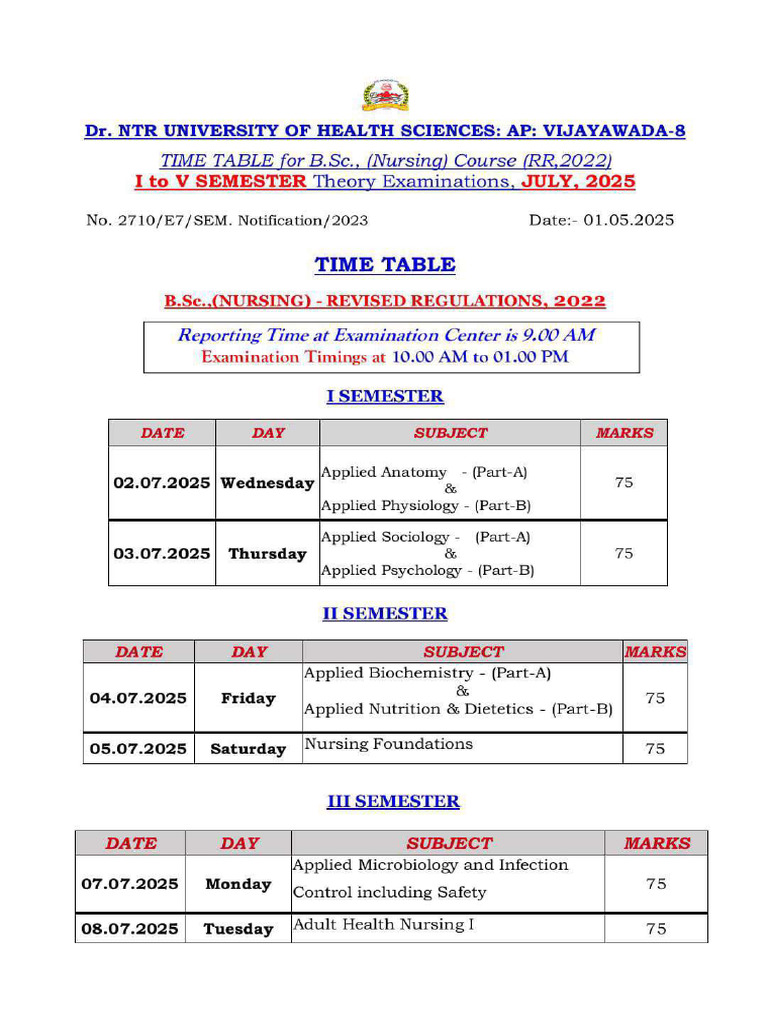 Time Table Semester | PDF