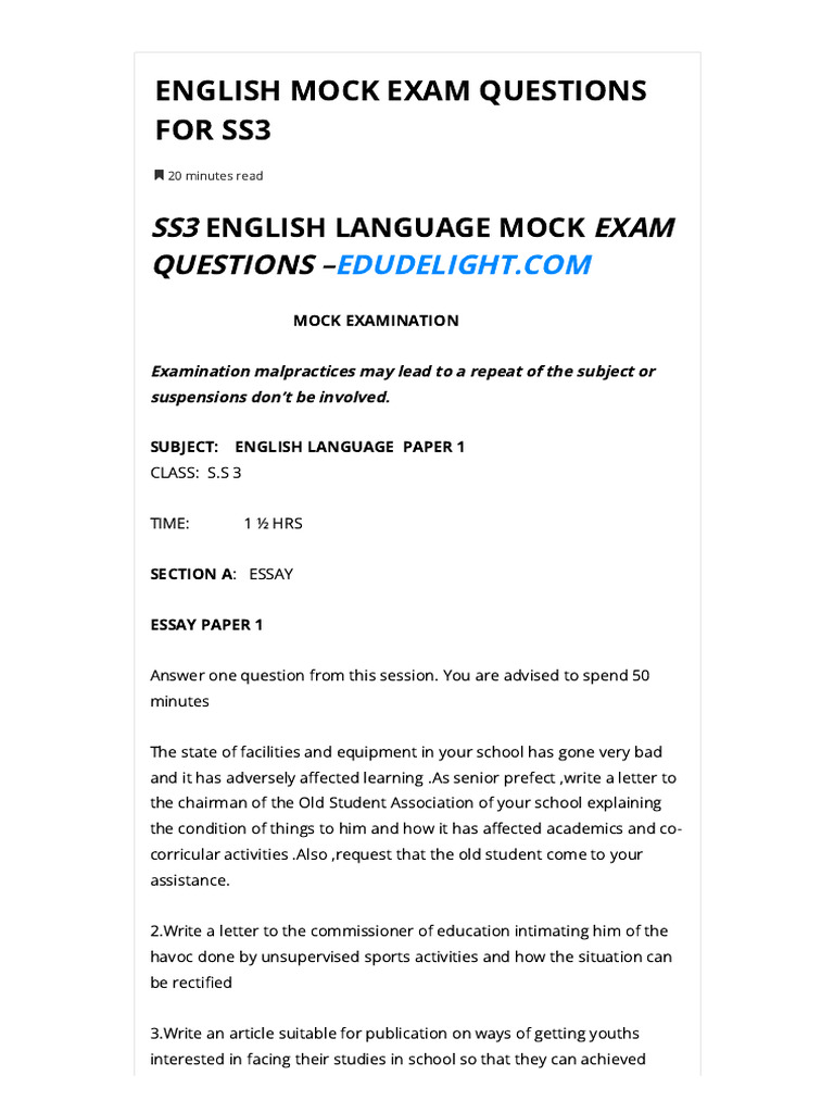 English Mock Exam Questions For JSS3 | PDF | Stress (Linguistics)