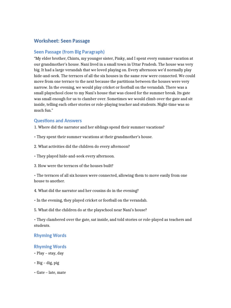 Seen Passage Complete Worksheet | PDF