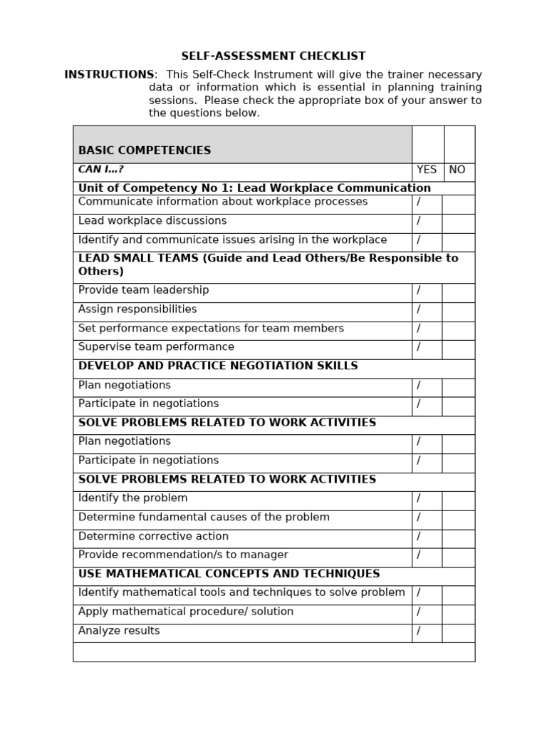 Workplace Competency Self-Assessment Checklist | PDF | Information | Page Layout