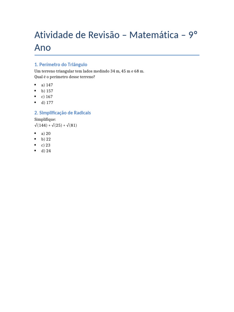 Atividade Revisao Matematica 9ano 2porfolha | PDF
