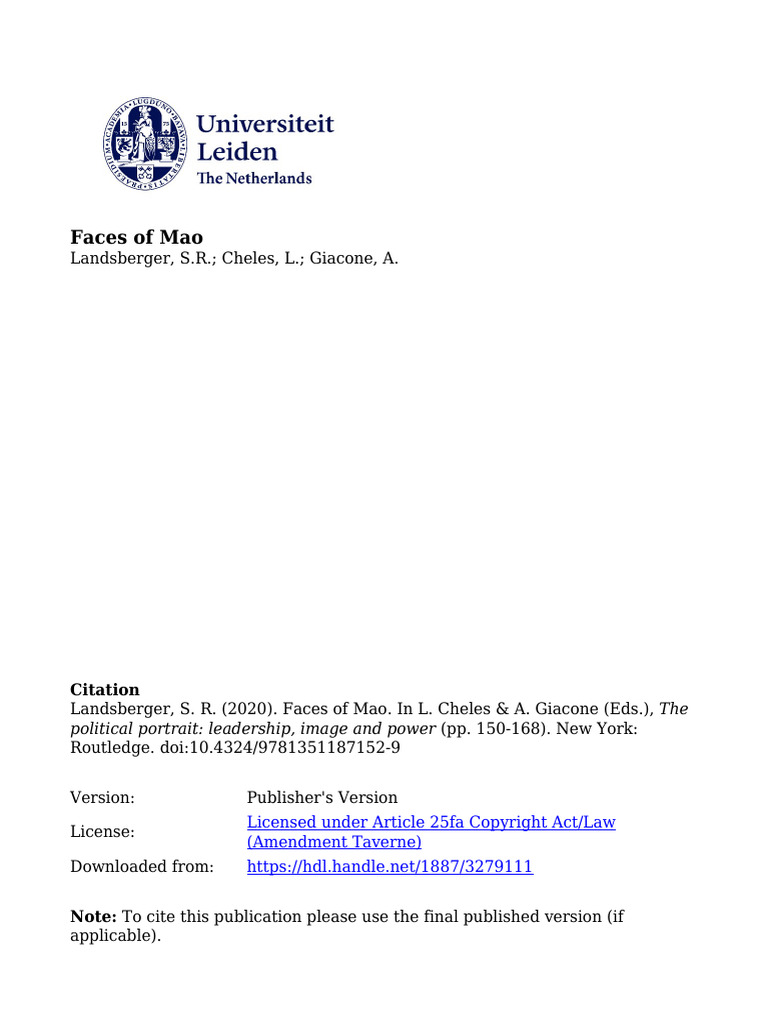 LANDSBERGER, Stefan. Faces of Mao | PDF | Mao Zedong | Cultural Revolution