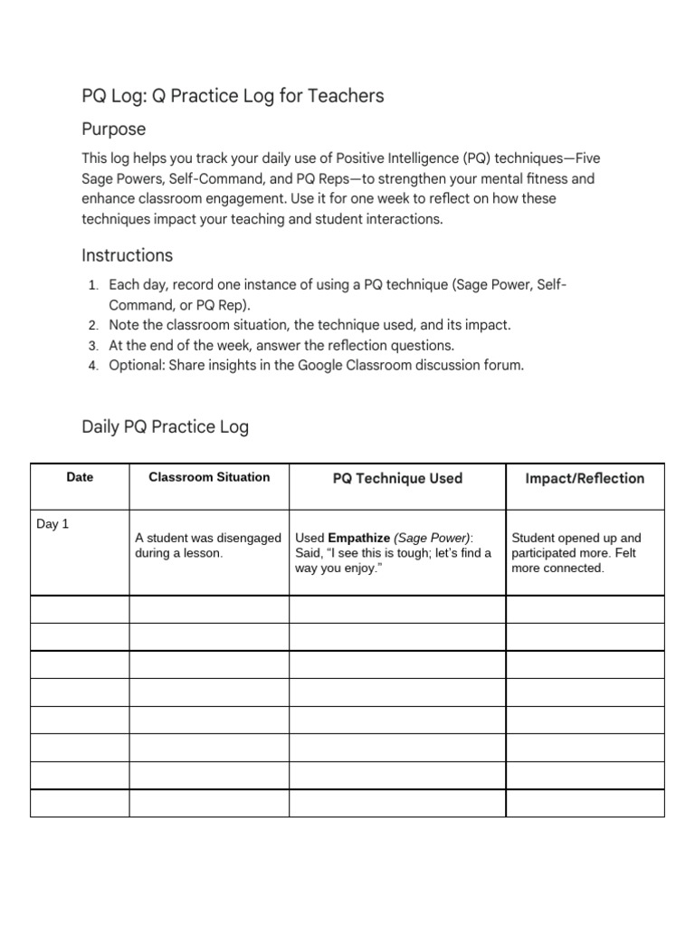 PQ Log - Q Practice Log For Teachers | PDF