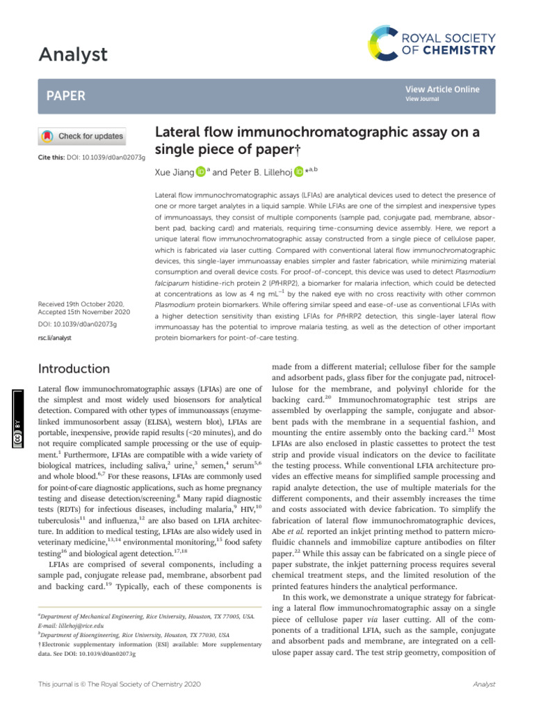 ART Lateral flow immunochromatographic assay on a single piece of paper ...