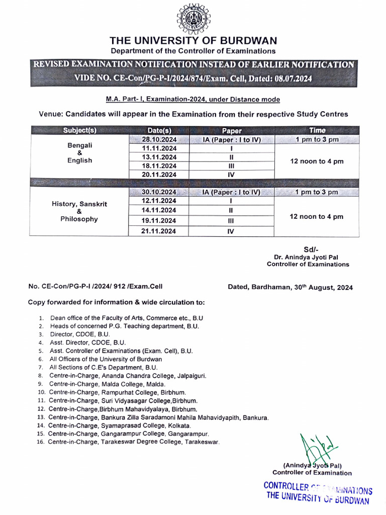 Ma Part I Revised Examination Notification 2024 | PDF | Qualifications