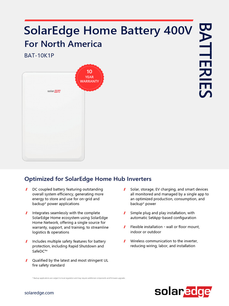 SolarEdge Home Battery 400V Specs | PDF | Power Inverter | Electrical ...