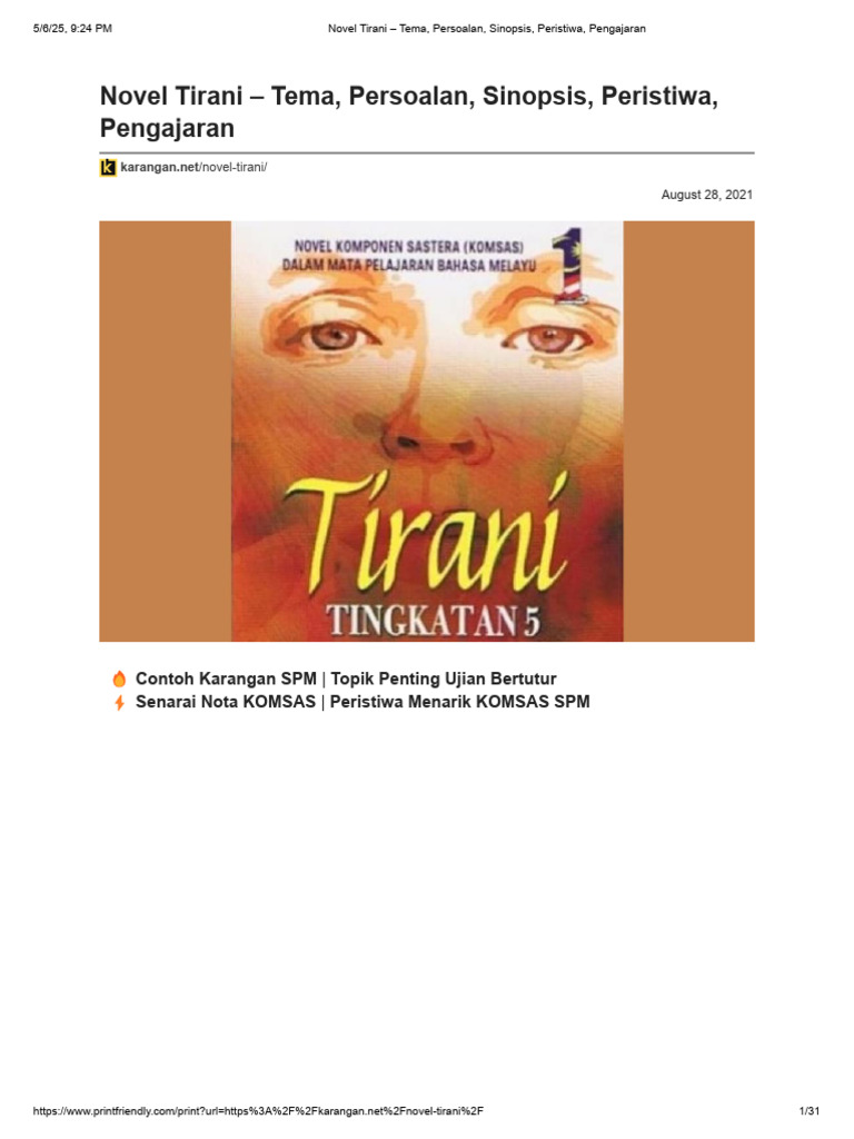Novel Tirani - Tema, Persoalan, Sinopsis, Peristiwa, Pengajaran | PDF