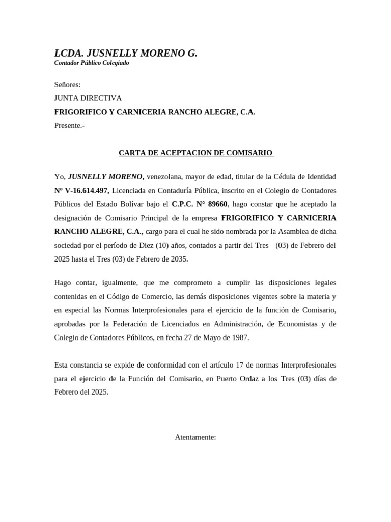 Aceptación Comisario | PDF