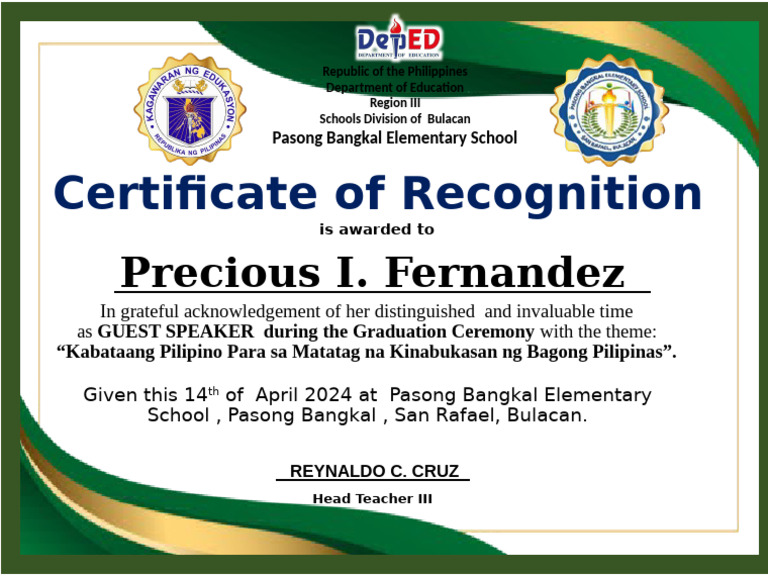 Certificate of Recognition for Guest Speaker | PDF
