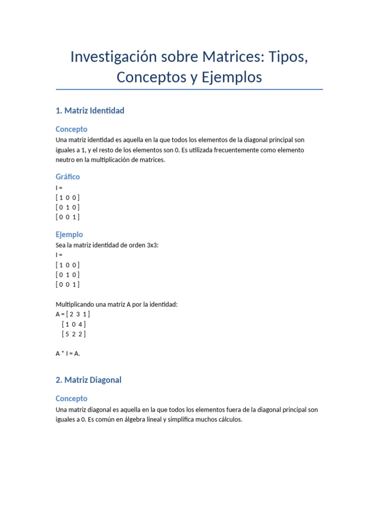 Tipos de Matrices: Identidad, Diagonal y Transpuesta | PDF