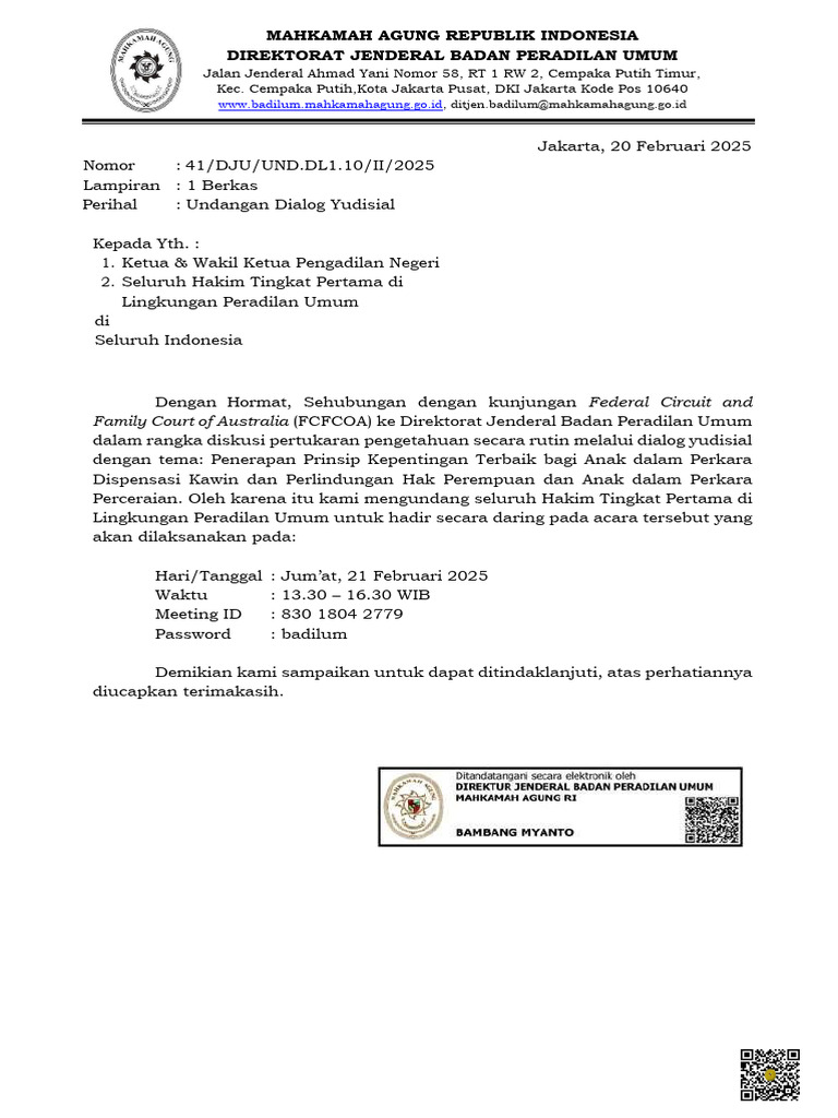 Undangan Dialog YudisialFCFCOA Dan Badilum 2025 | PDF