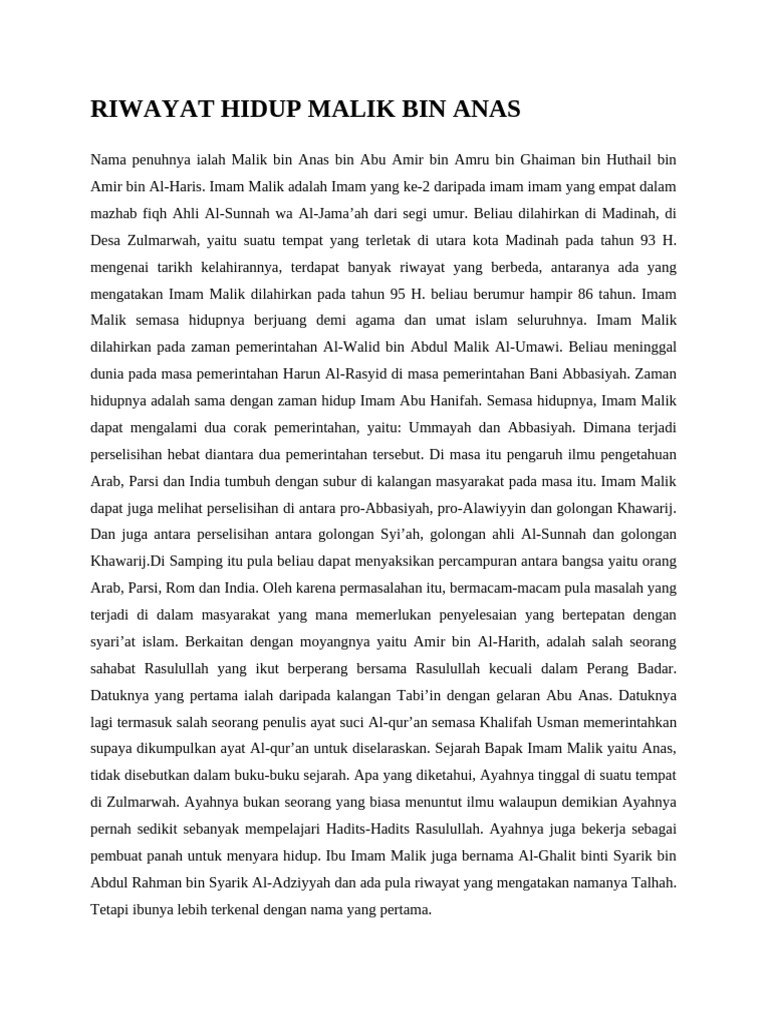 Riwayat Hidup Malik Bin Anas | PDF