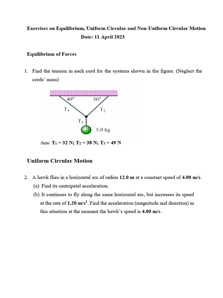 Equilibrium and Circular Motion Exercises | PDF