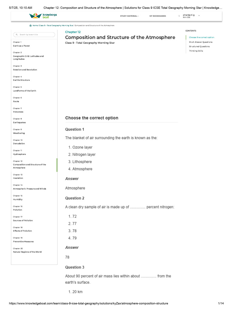 Composition of Atmosphere for Class 9 ICSE | PDF | Atmosphere Of Earth ...
