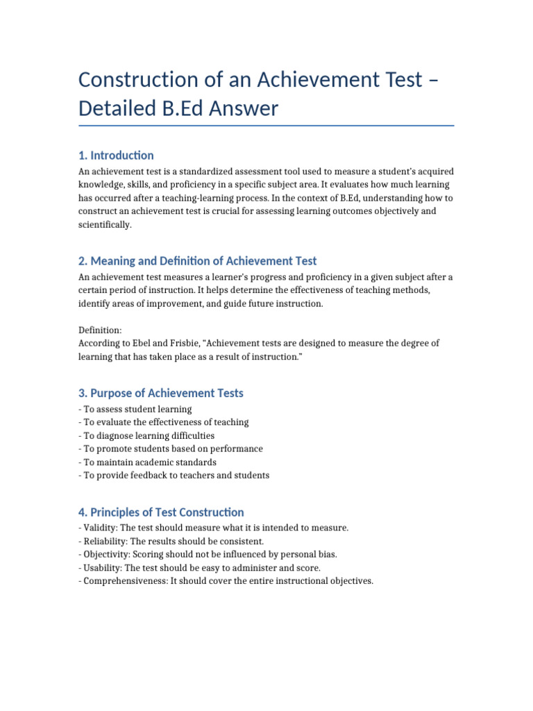 Construction of Achievement Test BEd | PDF | Educational Assessment ...