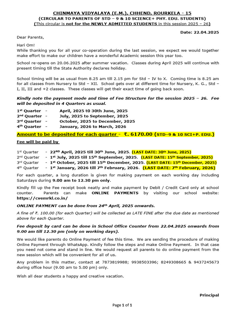 9-10 Circular To Parents of STD - 9 To 10 Science + Ped in April 2025 ...