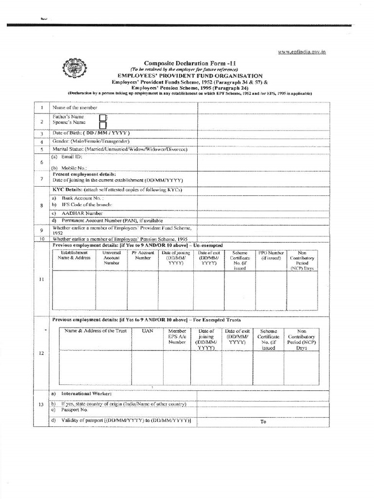 Form 11 - Employees' Provident Fund Organization Composite Declaration ...