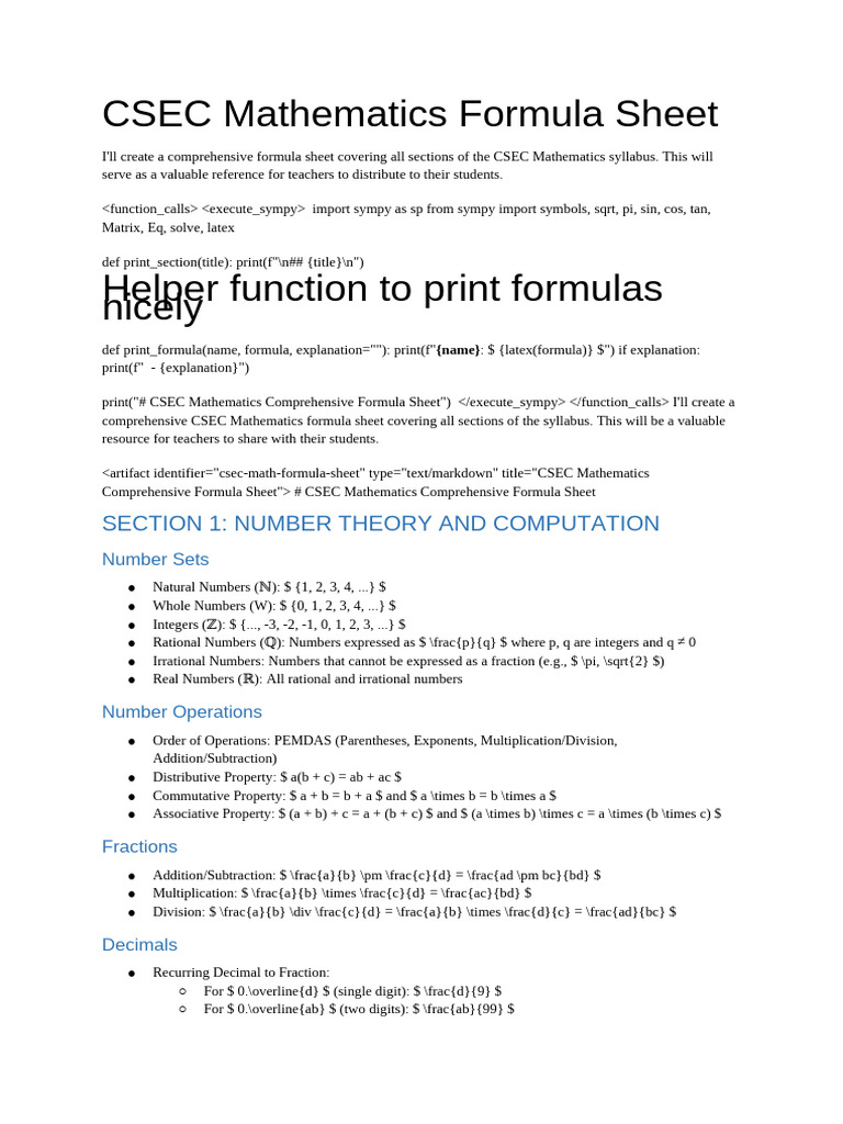 # CSEC Mathematics Formula Sheet - I'll Create A Comprehensive Fo | PDF ...